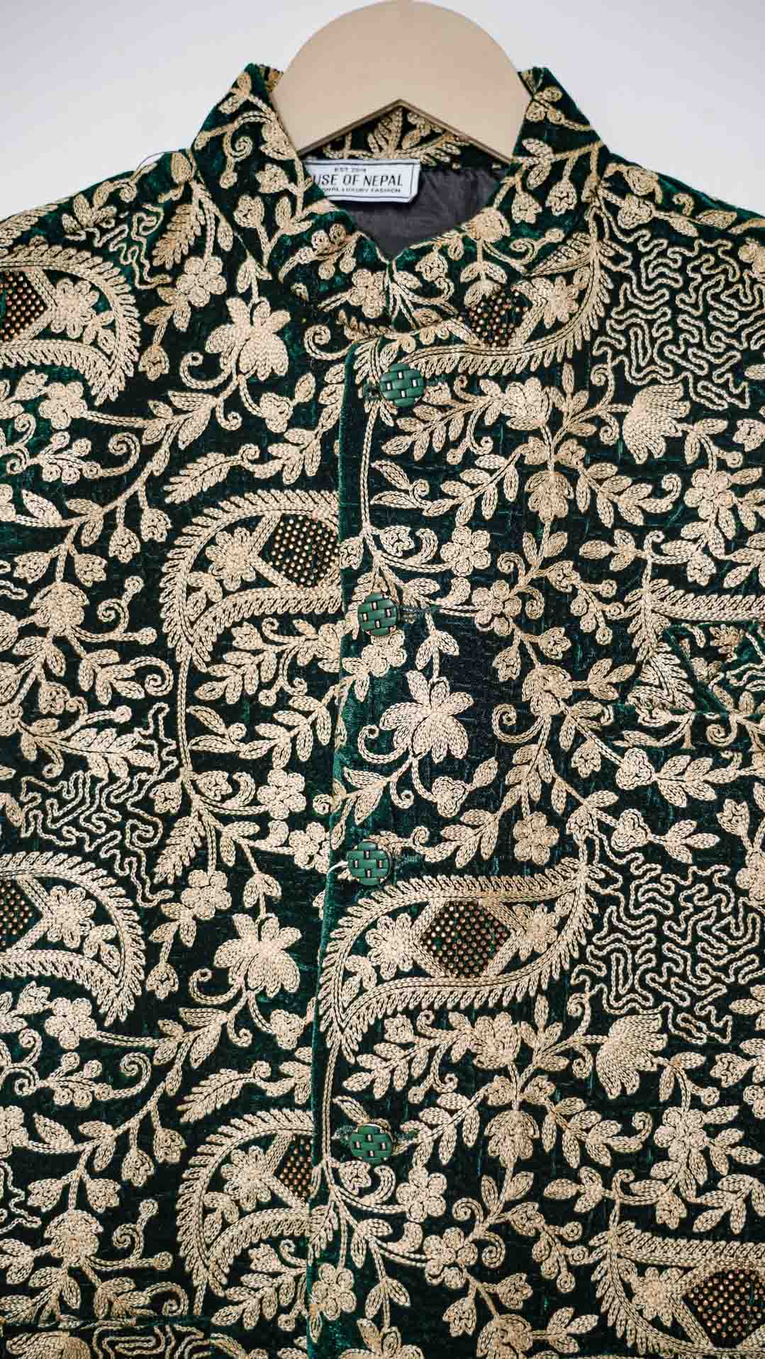 Velvet Nehru Jacket with Gold Embroidery – House of Nepal
