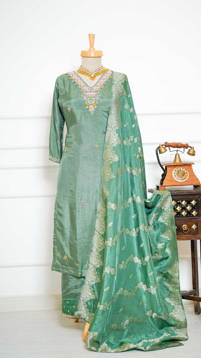 Sage Green Multicolor Handwork Kurti Suit – House of Nepal