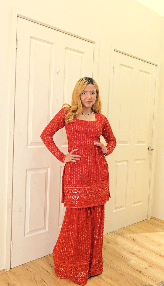 Red Sequin Garara Suit with Shawl – House of Nepal